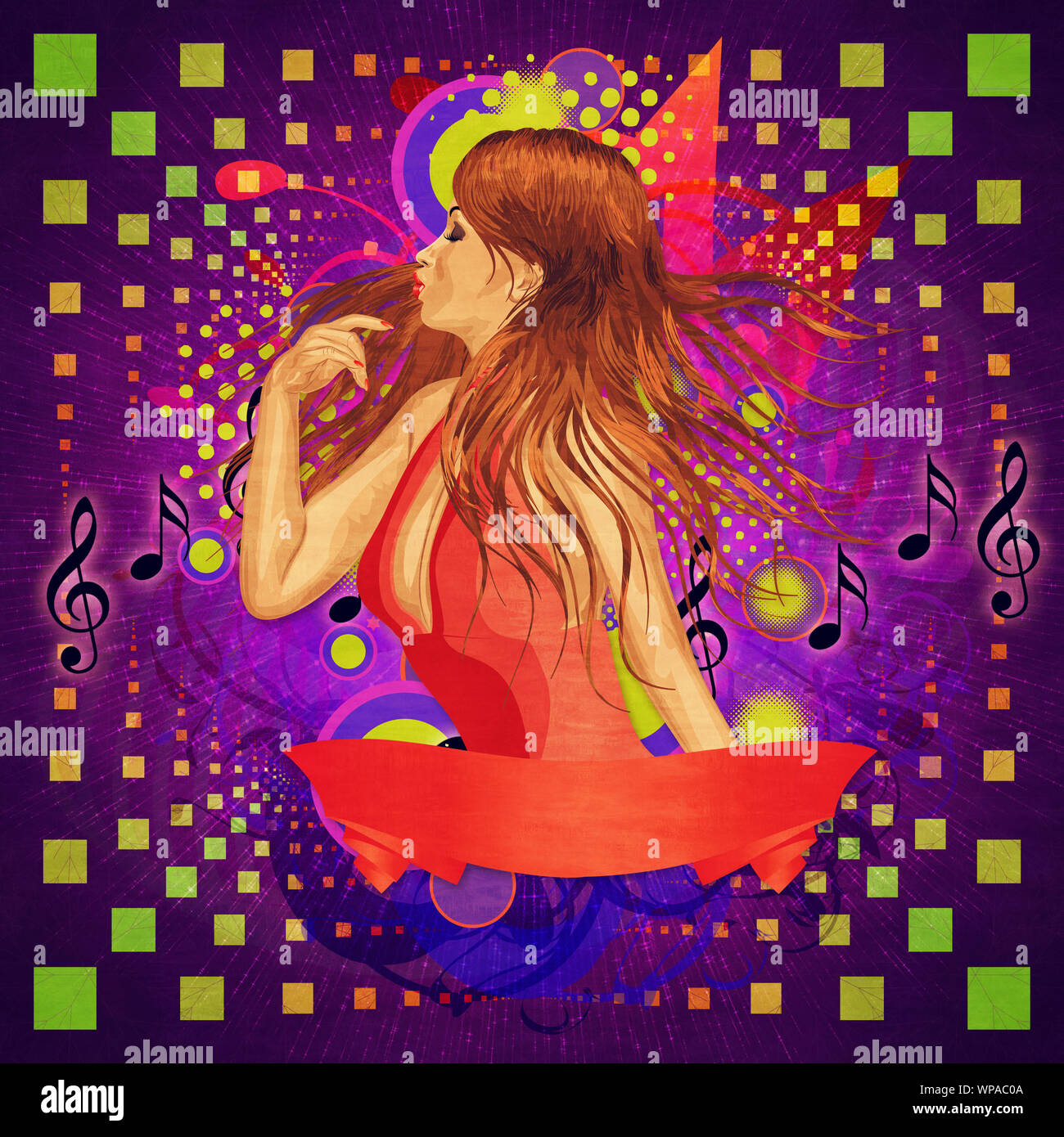 Illustration of abstract music poster with a girl in red dress and ...