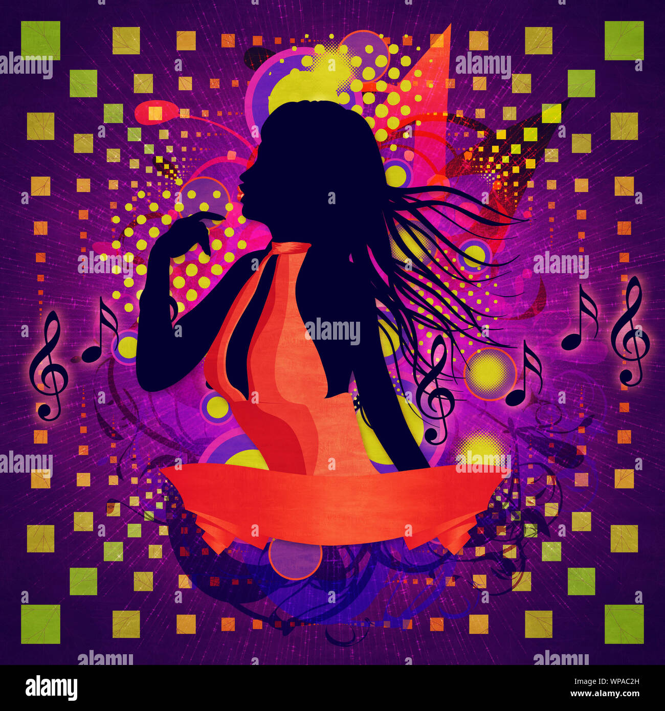 Illustration of abstract music poster with a girl in red dress and ...