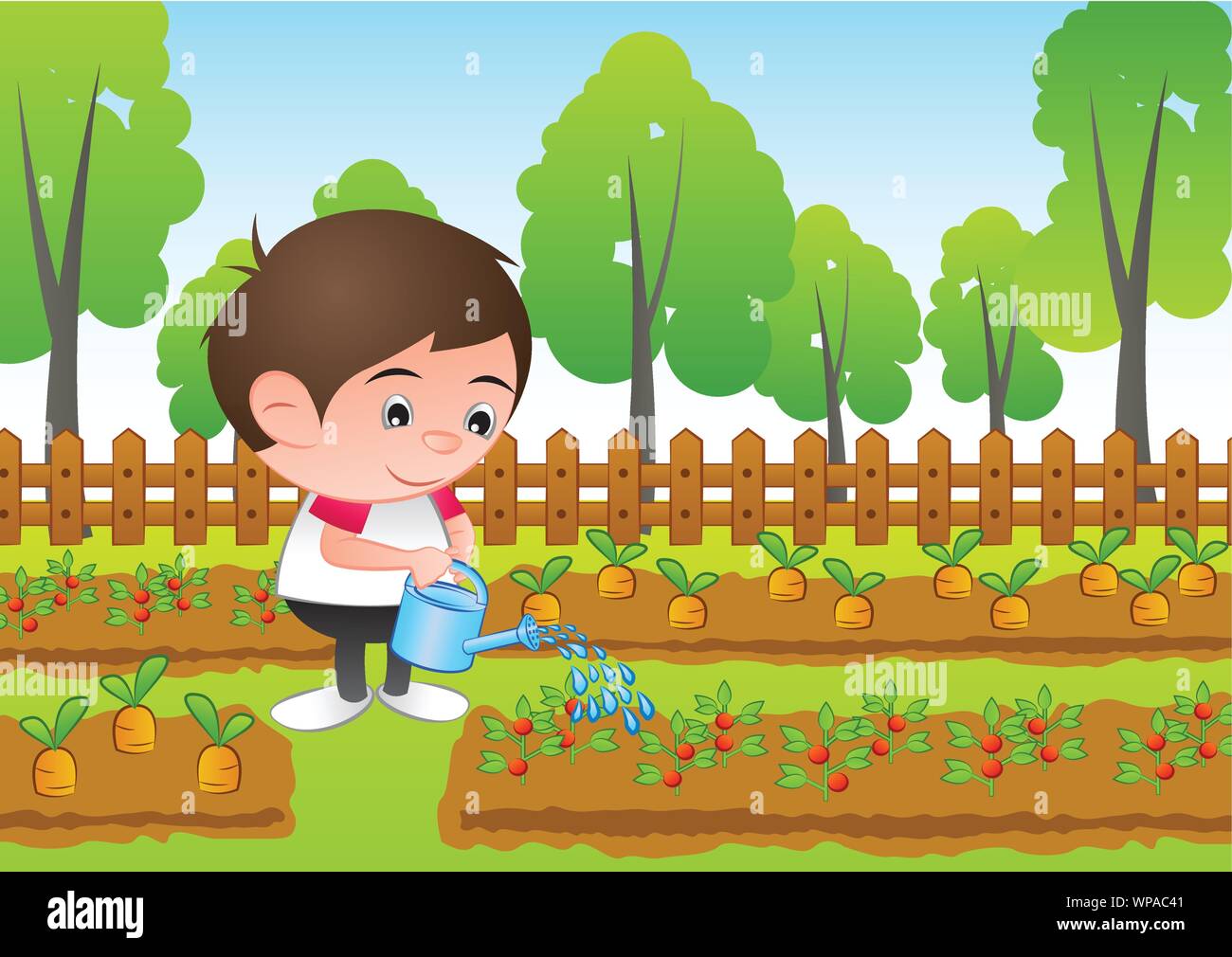 a bubble head boy cartoon water the plant in the garden,surround with ...