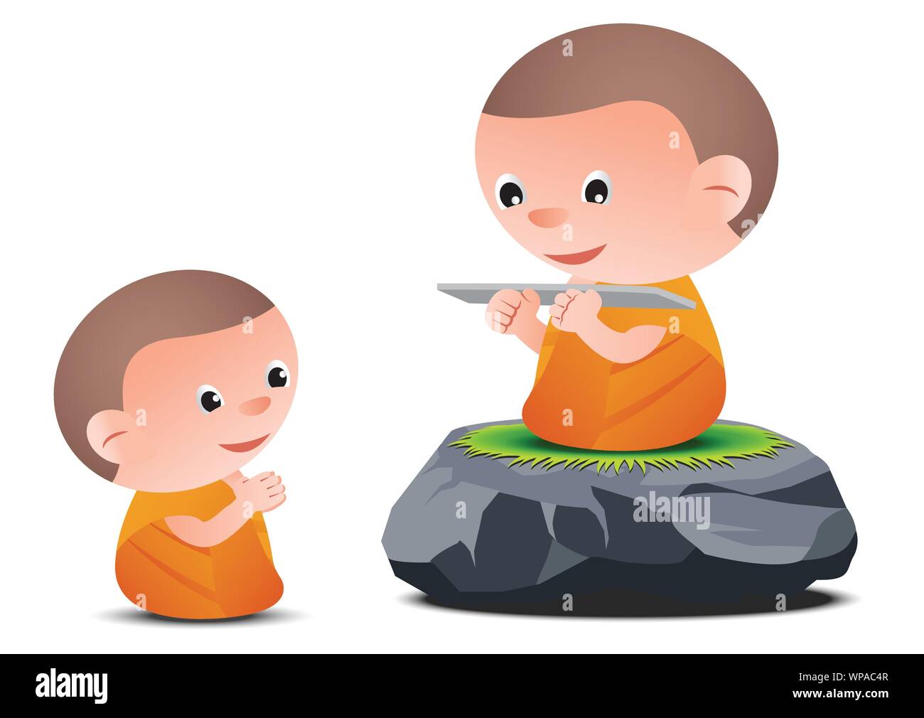 Old monk teaches Dharma to little monk while sitting on big stone, to ...