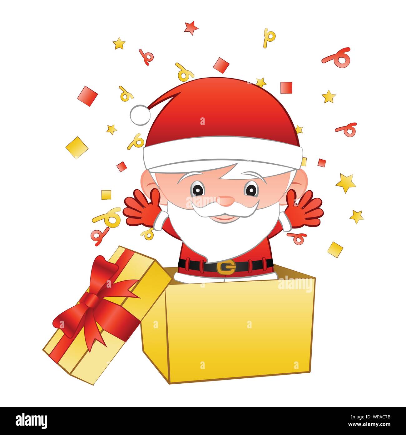 big head cartoon santa claus stand in open yellow gift box for surprise ...