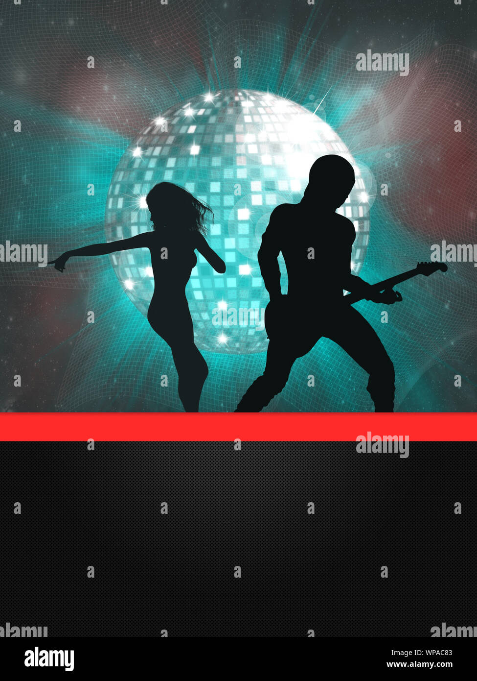 Illustration of party banner with disco ball and dancing people Stock ...