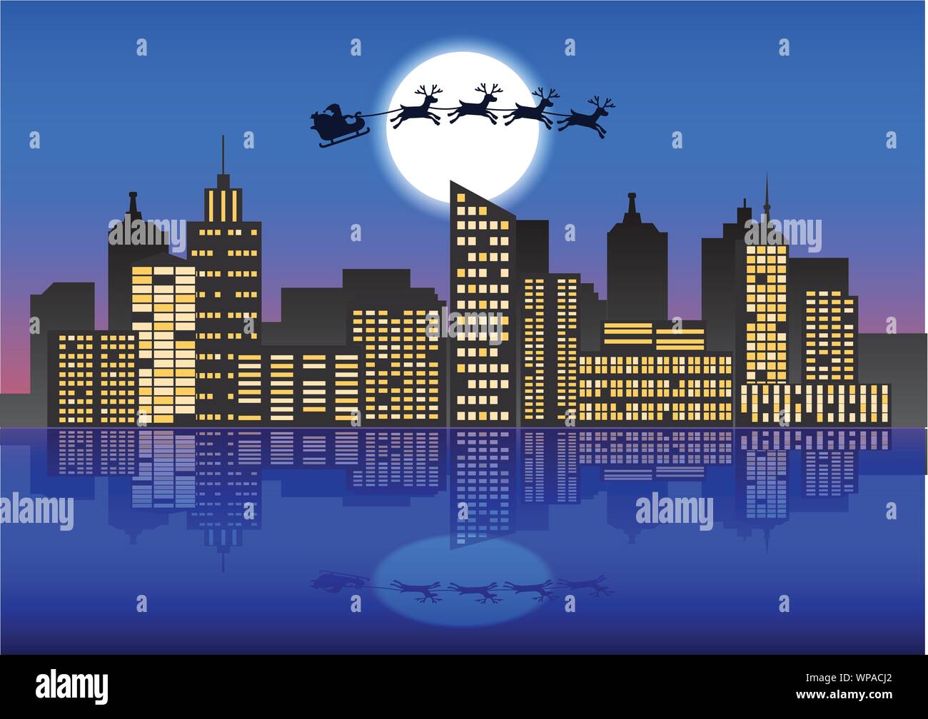 Santa Claus and reindeer fly over the city at the night with lot of ...