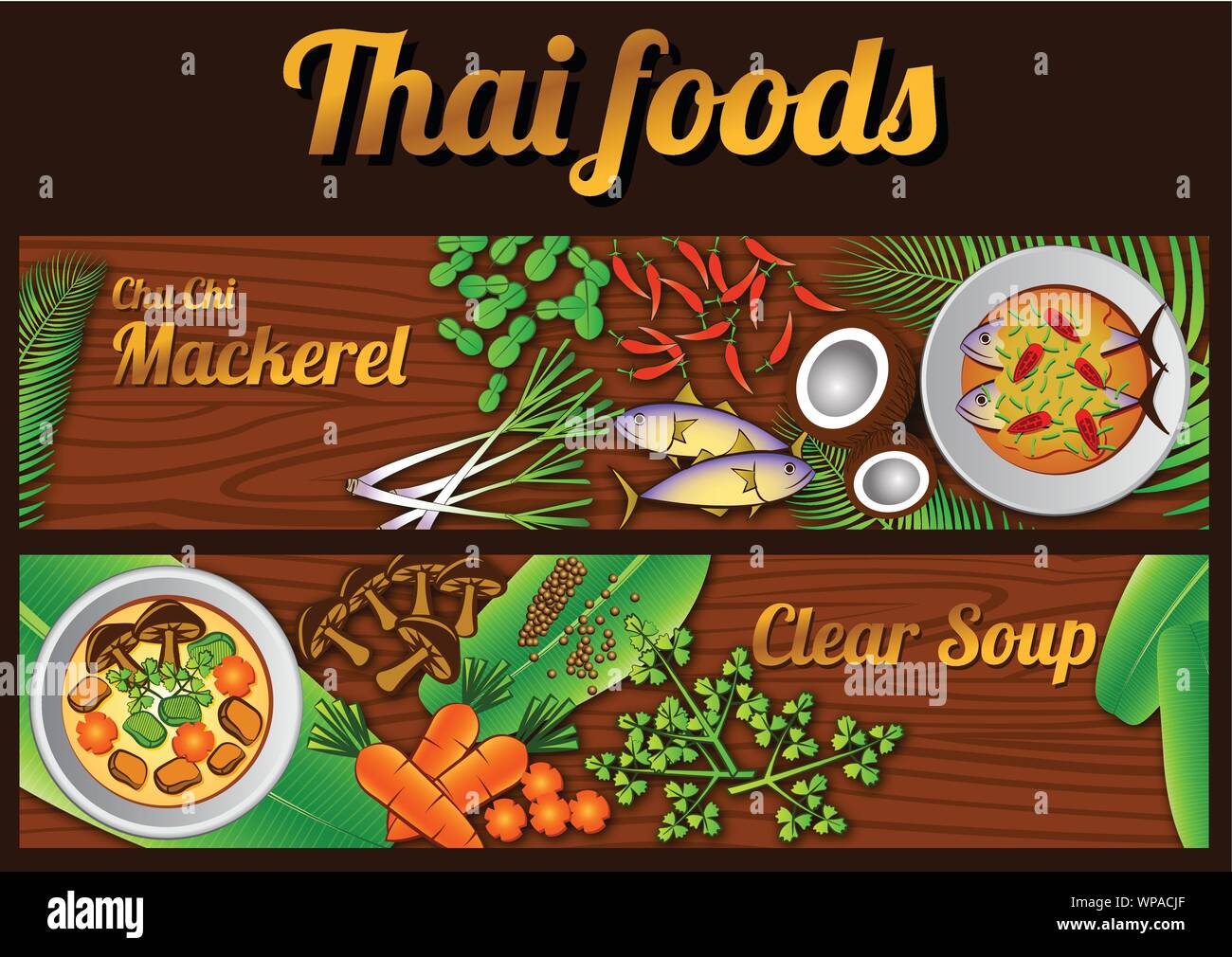 two Thai delicious and famous food banner. curry fried mackerel chu chi ...