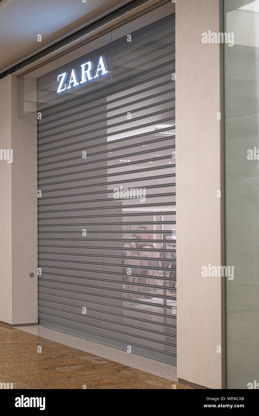 Vilnius, Lithuania - 06 September 2019: ZARA logo sign on closed Zara ...