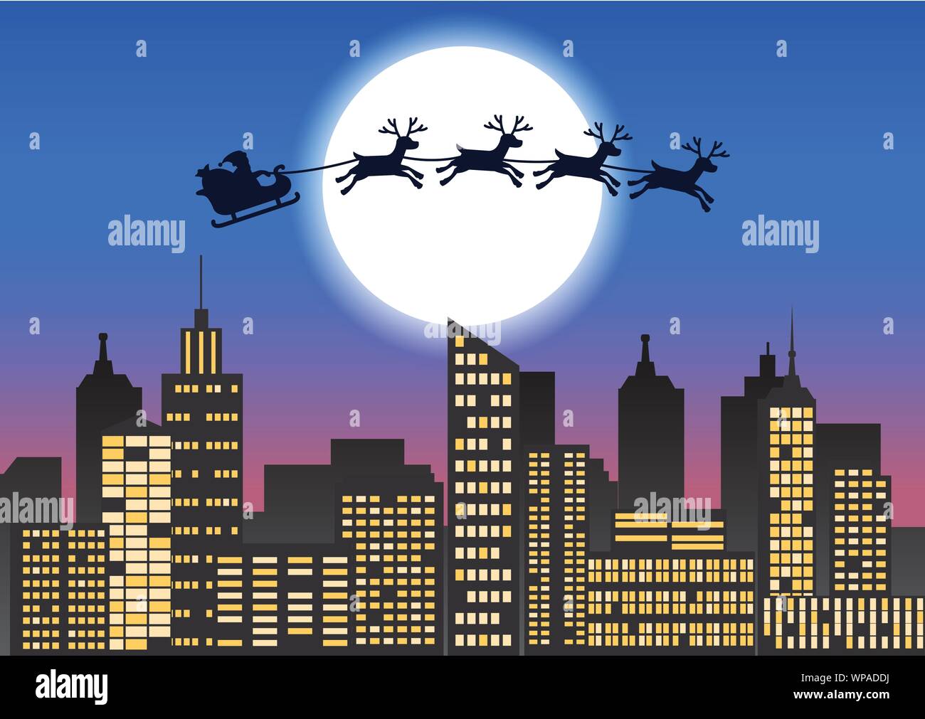 Santa Claus and reindeer fly over the city to send gift to people,lots of skyscraper and light ...