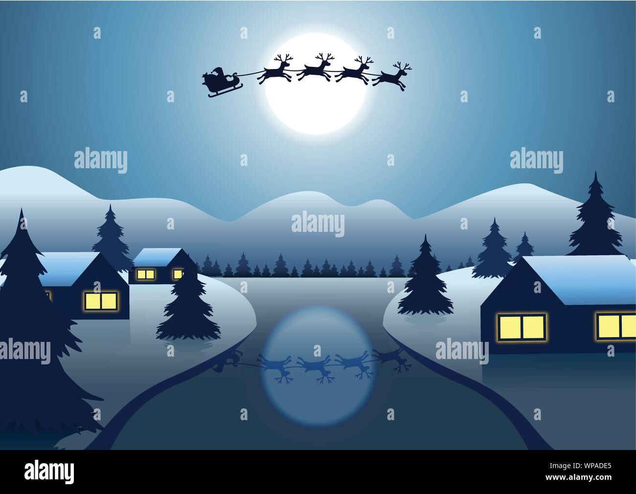 Santa Claus and reindeer fly over the village near river around with ...