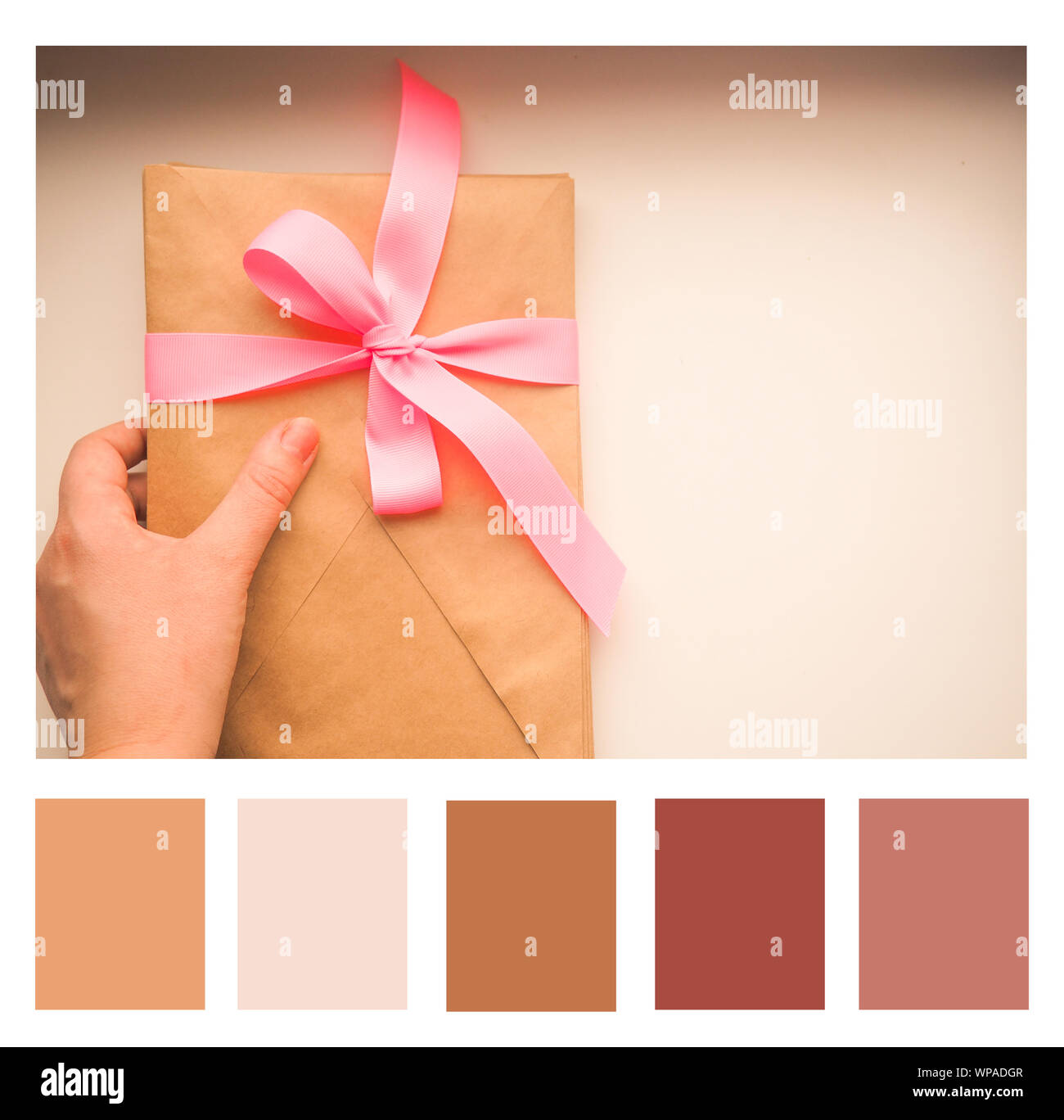 Color matching palette, Top view woman hand holding wedding invitation ...