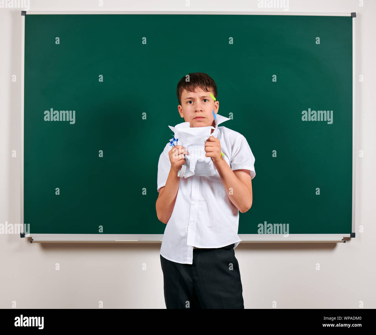 Portrait of funny pupil. School boy very emotional, having fun and very ...