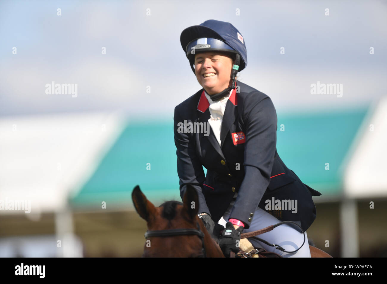 Pippa Funnell reacts following her victory at the Land Rover Burghley ...