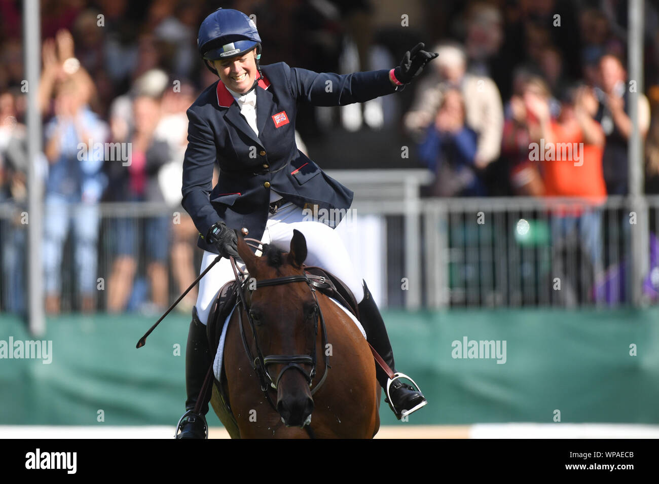 Pippa Funnell reacts following her victory at the Land Rover Burghley ...