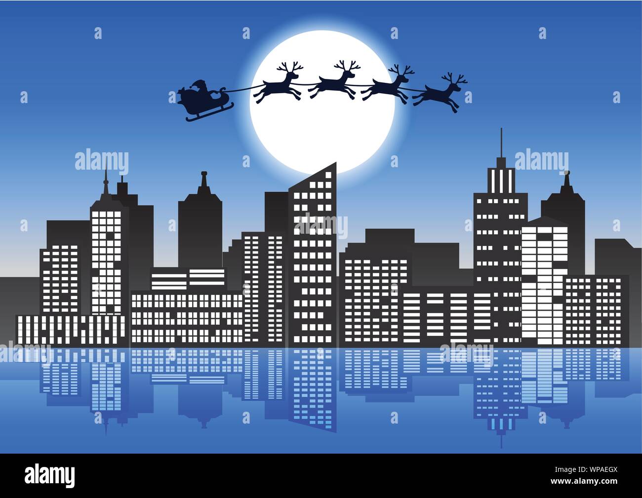 Santa Claus and reindeer fly over the city to send gift to people,lots of skyscraper and light ...
