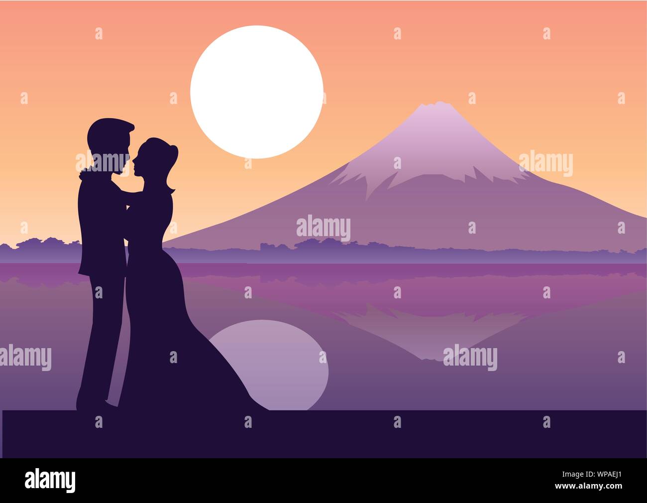 couple stand near river and fuji mount behind,silhouette style Stock ...
