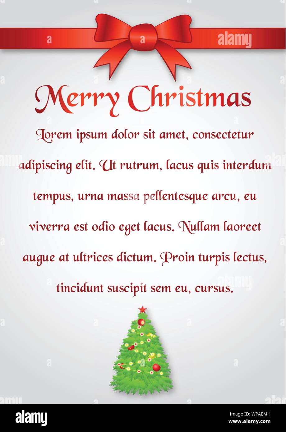 Christmas card red bow and ribbon border and christmas tree below,on ...
