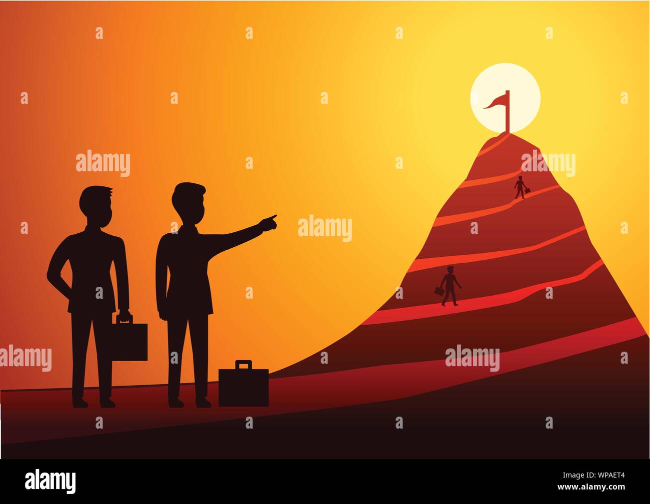 businessman point to flag at peak of mountain and man run to goal.mean ...