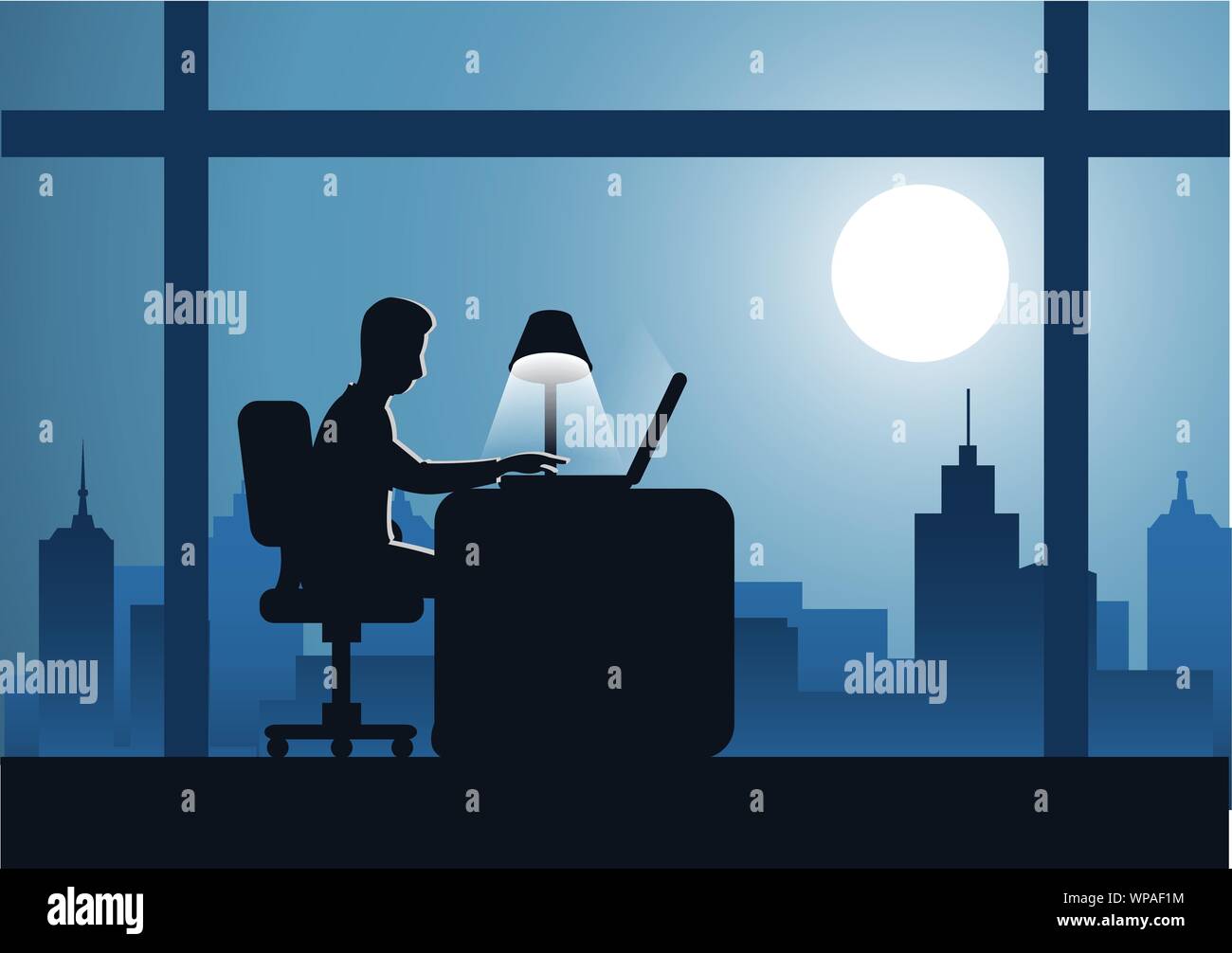 business man work overtime hard with laptop to complete his work with ...