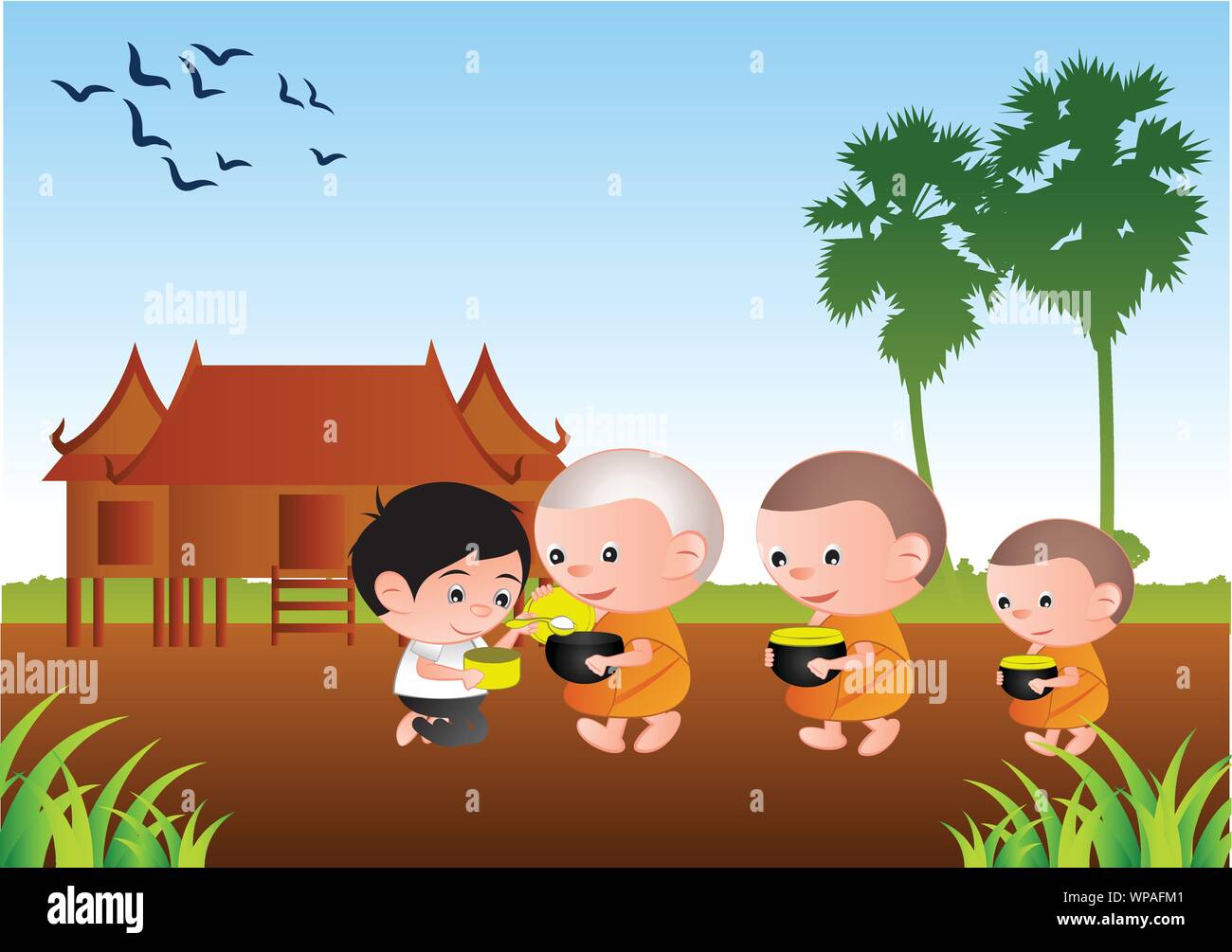 Buddhist give food offering to a monk or ask as a favor receive food or ...