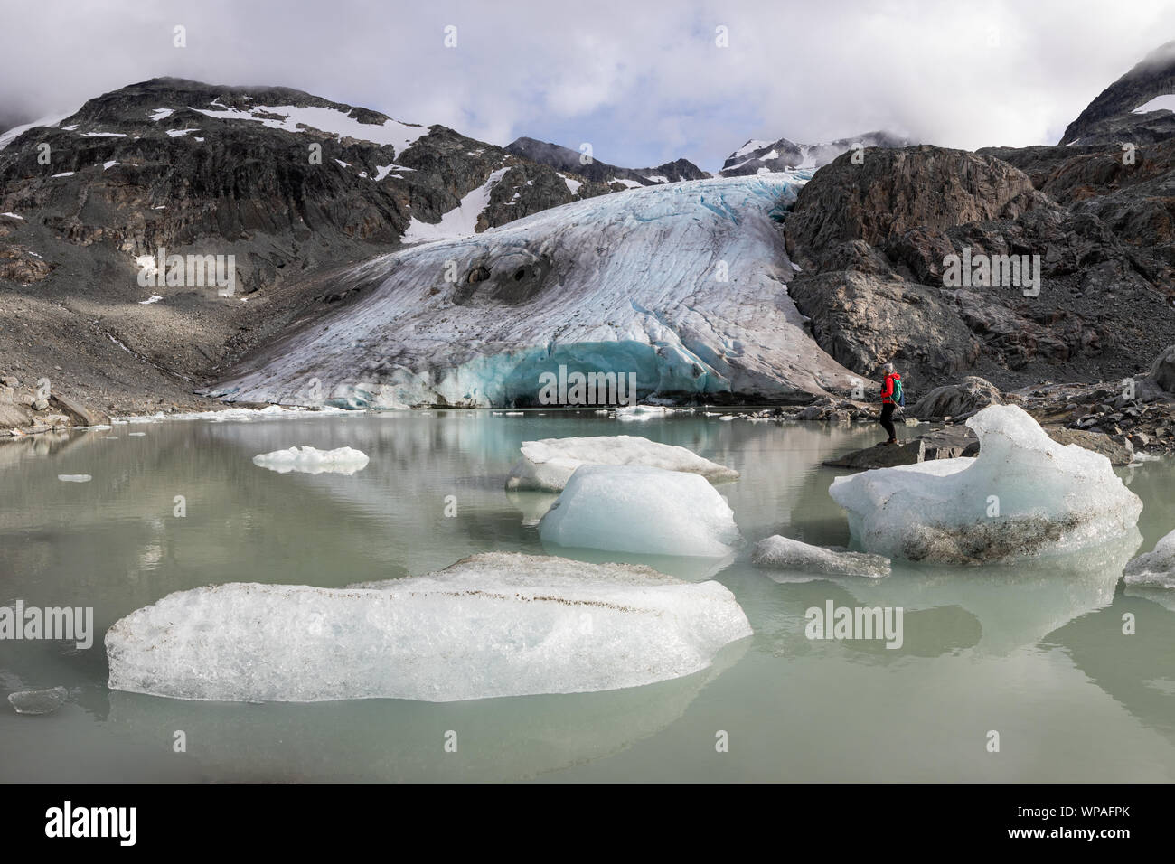 Side view of hiker by glacier and floating ice Stock Photo - Alamy