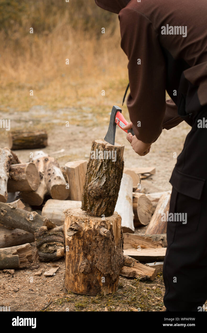 Man choping wood in the forest Stock Photo - Alamy