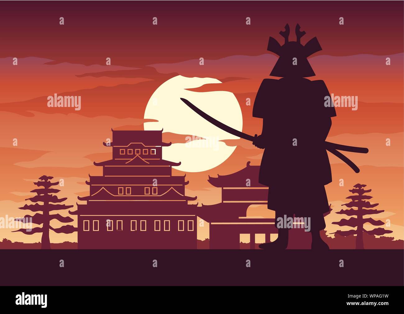 knight of japan called Samurai pose in front of castle mean to protect ...