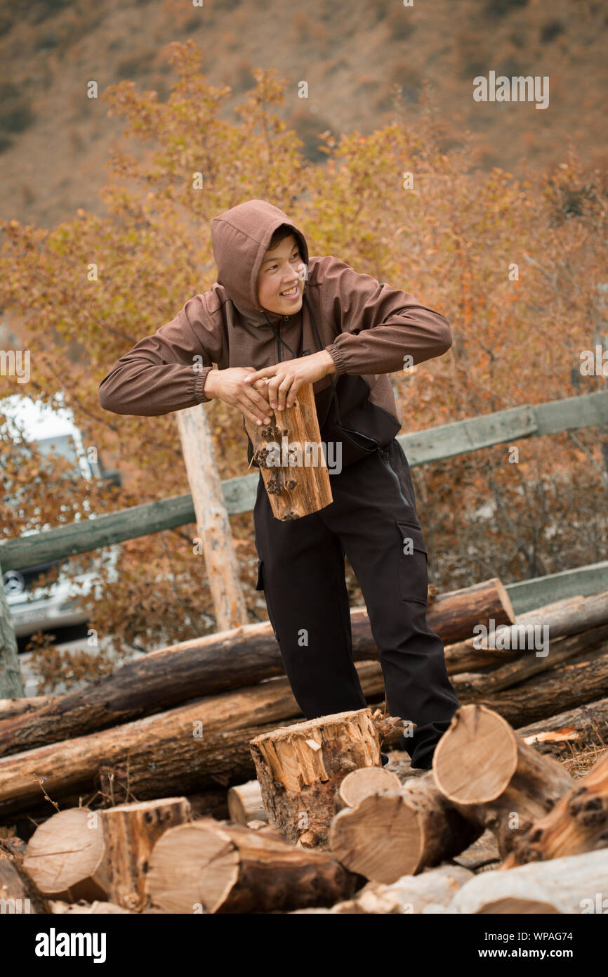 Man choping wood in the forest Stock Photo - Alamy