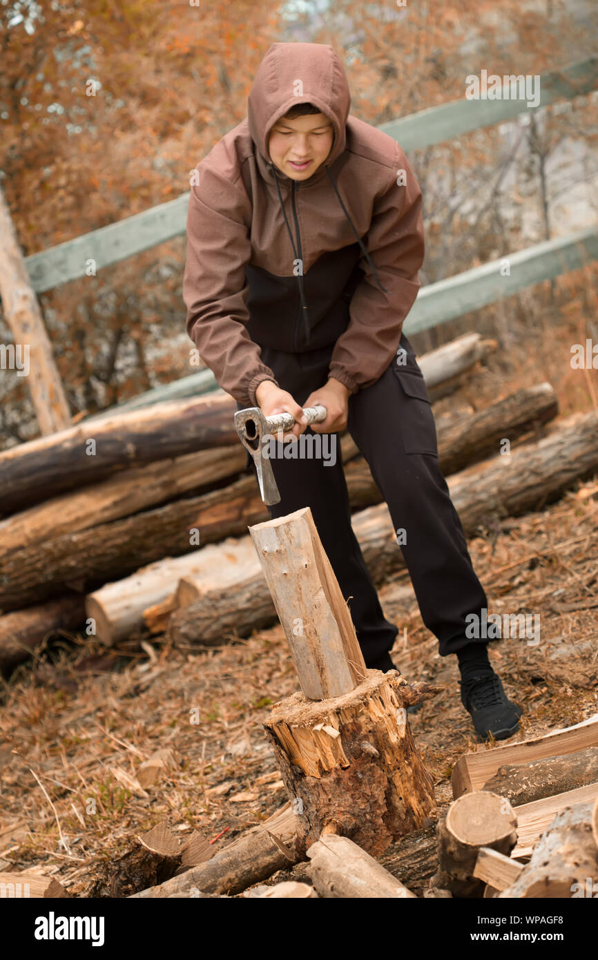 Man choping wood in the forest Stock Photo - Alamy