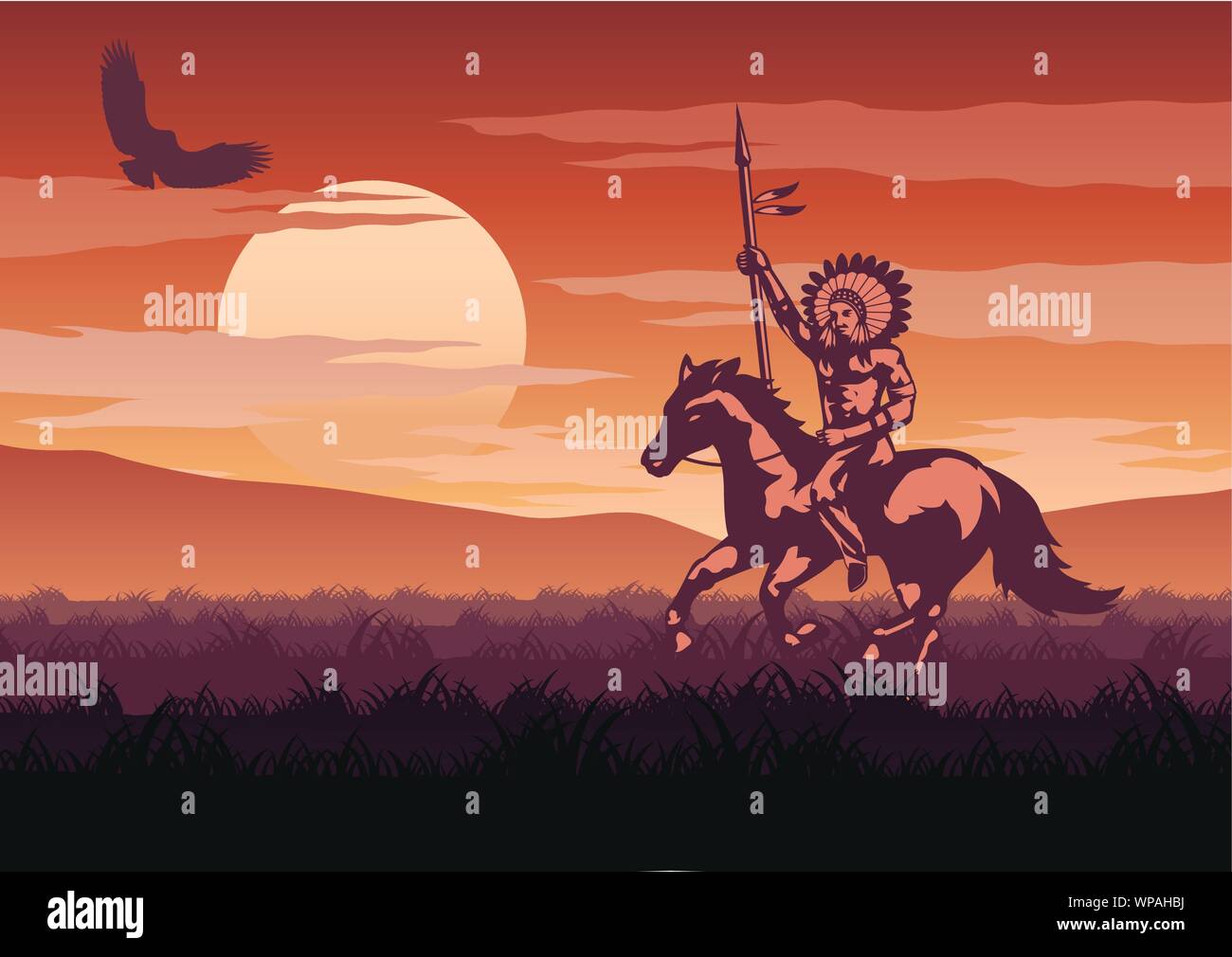 silhouette and monochrome scenery Red Indian go to hunt in Savannah ...