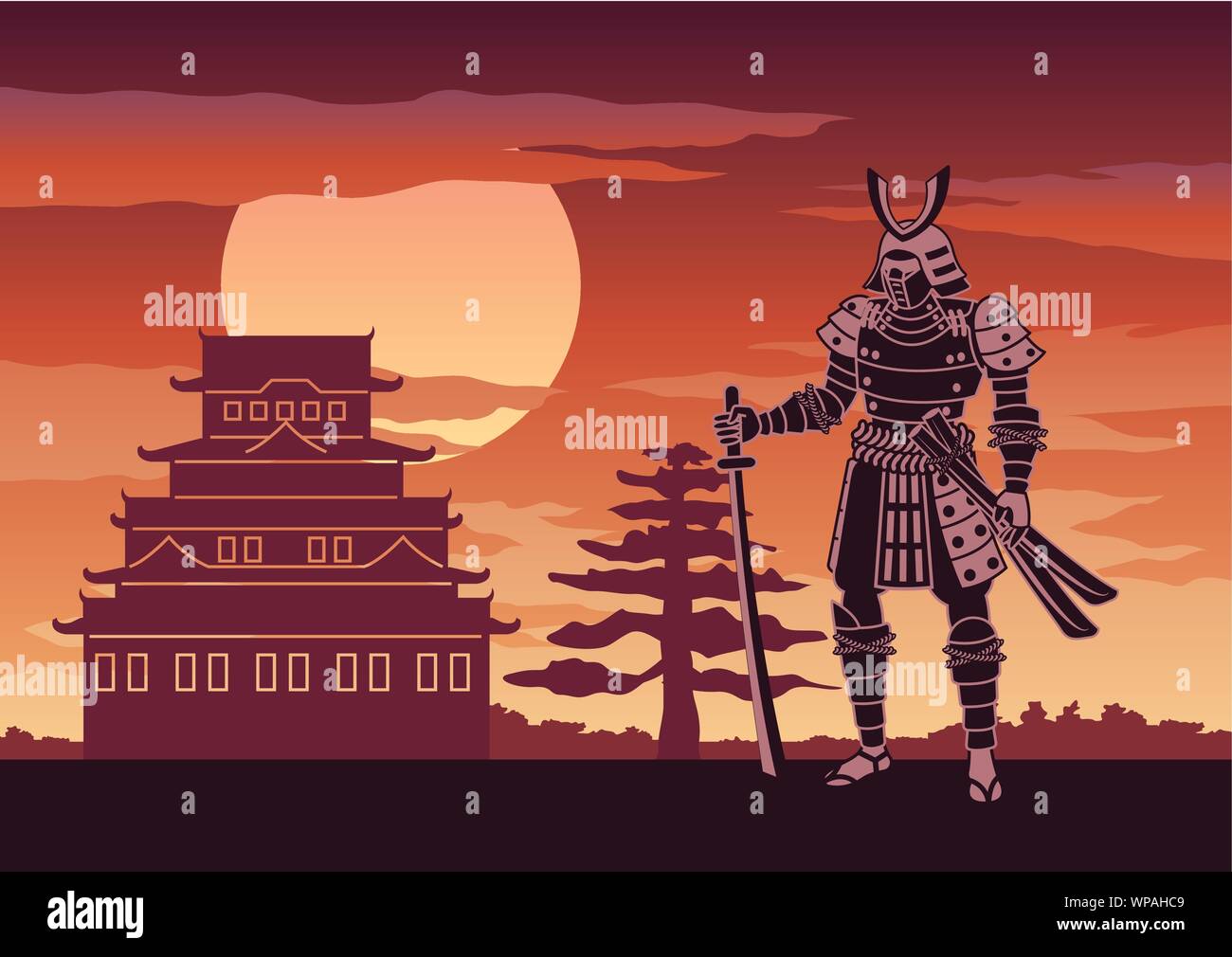 knight of japan called Samurai pose in front of castle with Japanese ...