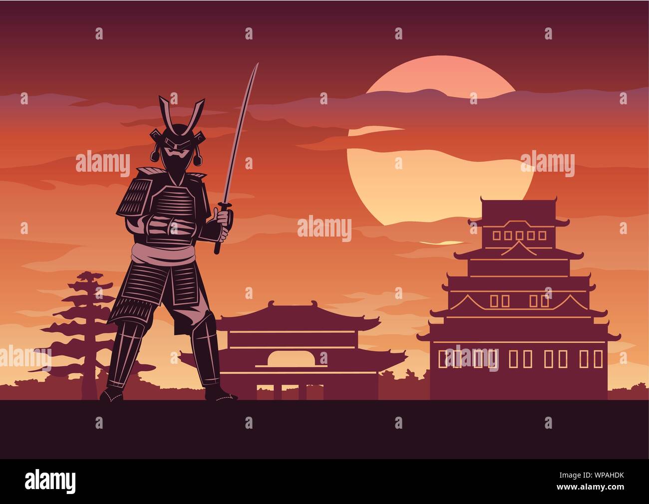 knight of japan called Samurai pose in front of castle with Japanese ...