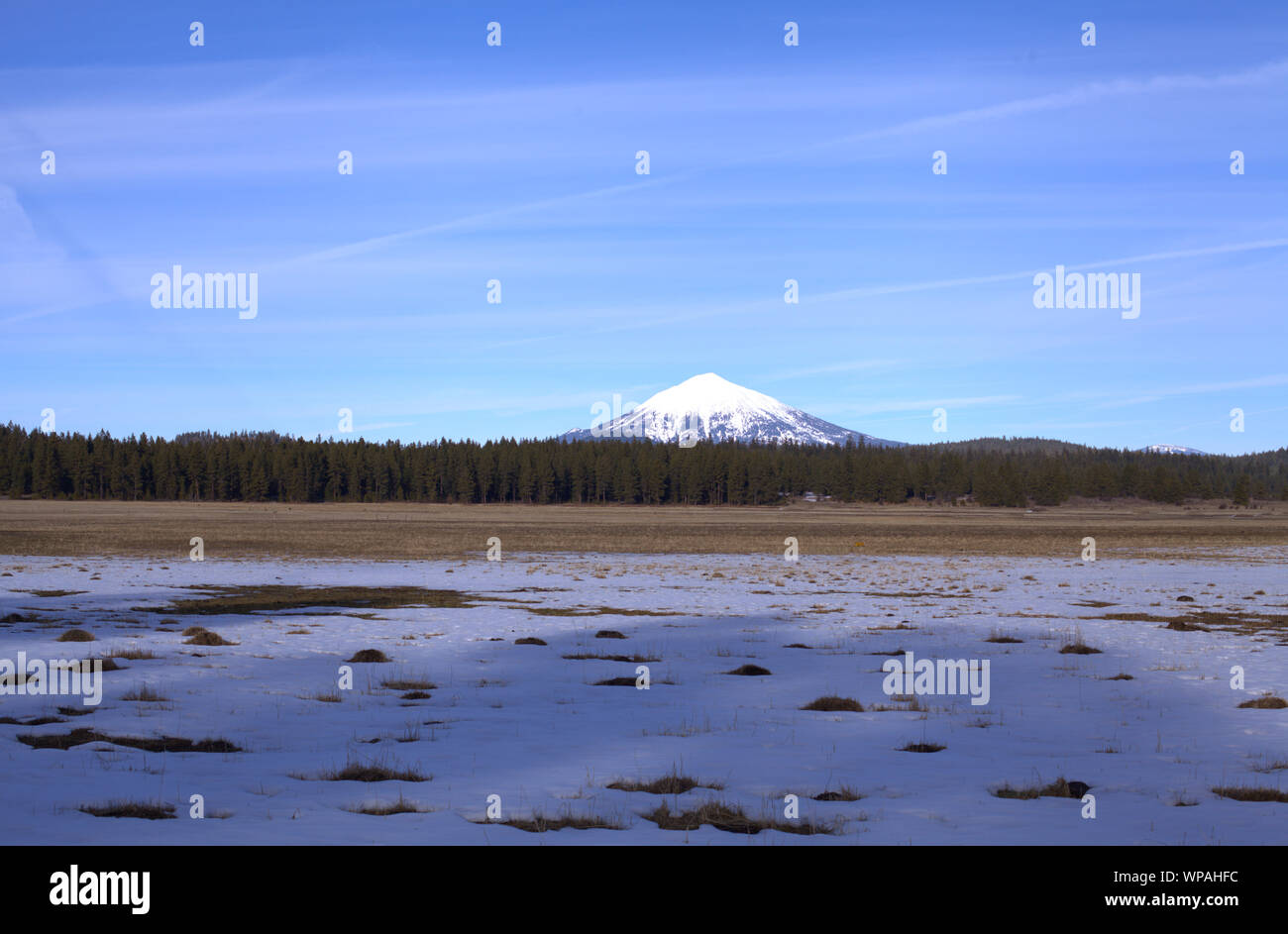 Mount McLoughlin snowy volcano peak seen from Howard Prairie Lake area ...