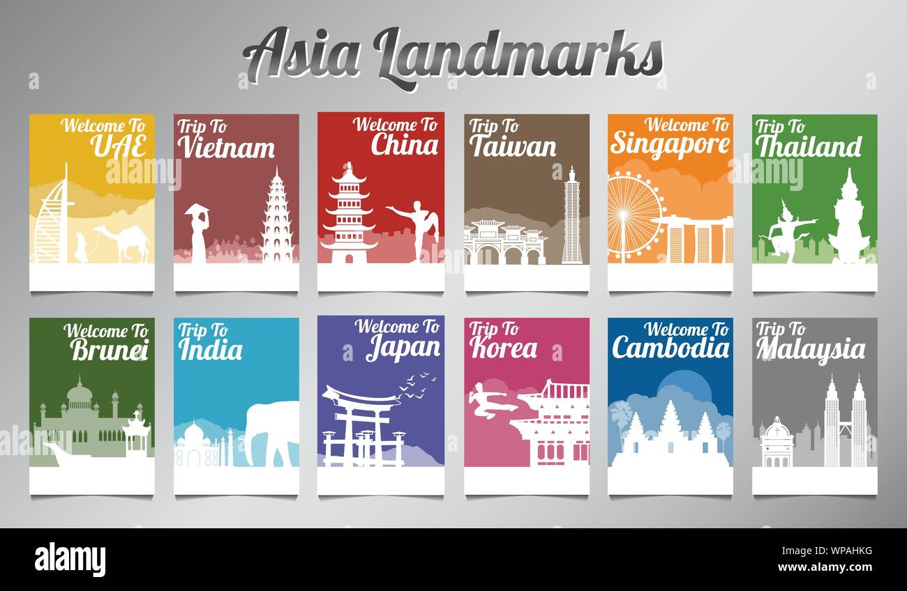 Asia famous landmark in silhouette design with multi color style ...
