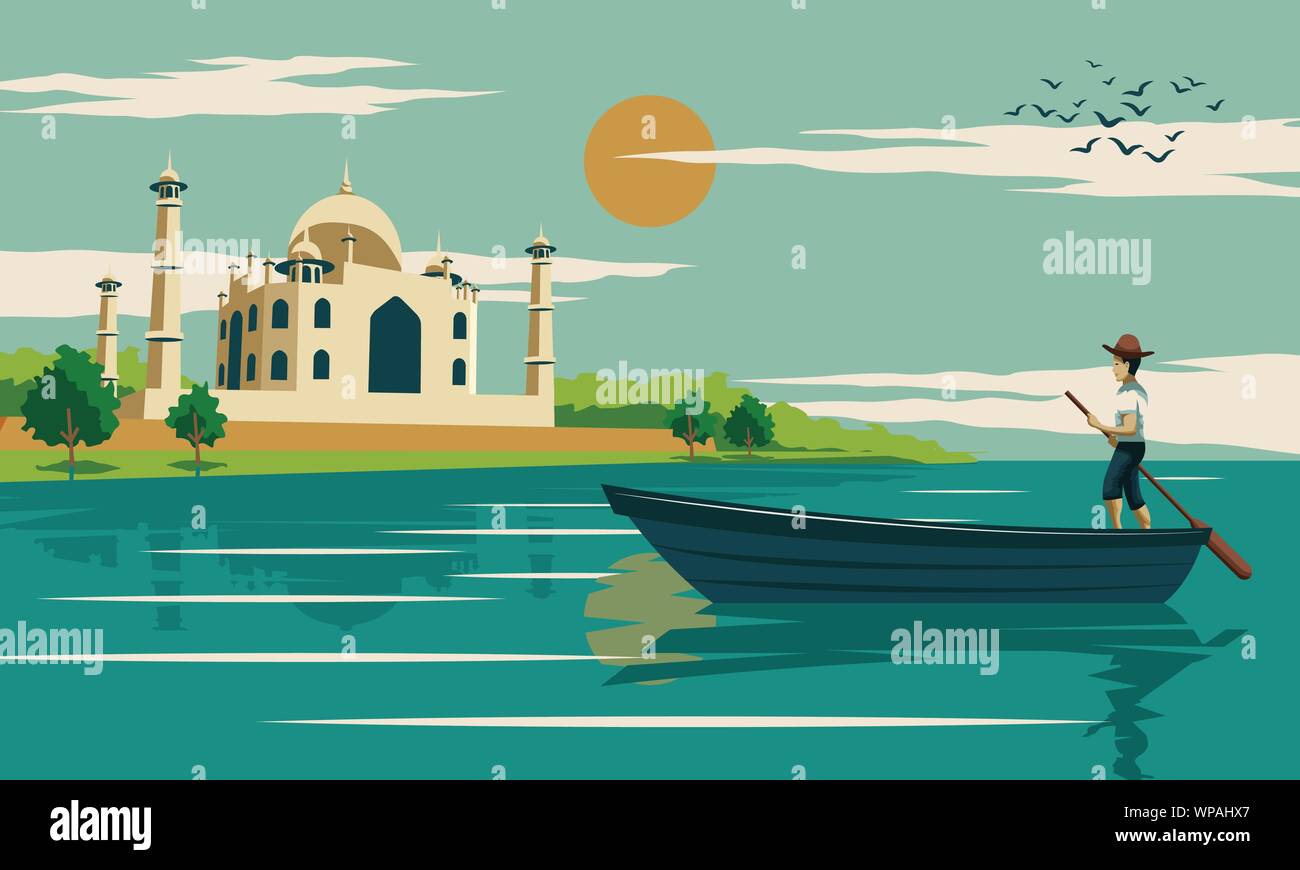 man row boat near by Taj mahal,symbol of love and famous landmark of ...