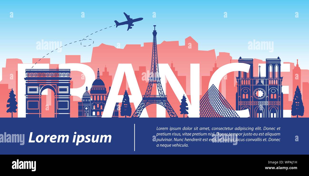 France top famous landmark silhouette style,France text within,travel ...