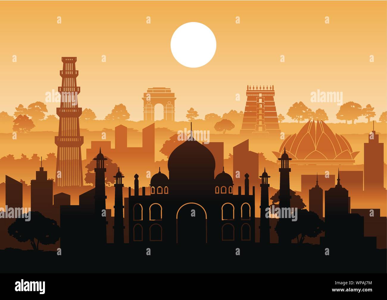 India famous landmark silhouette style with row design on sunset time ...