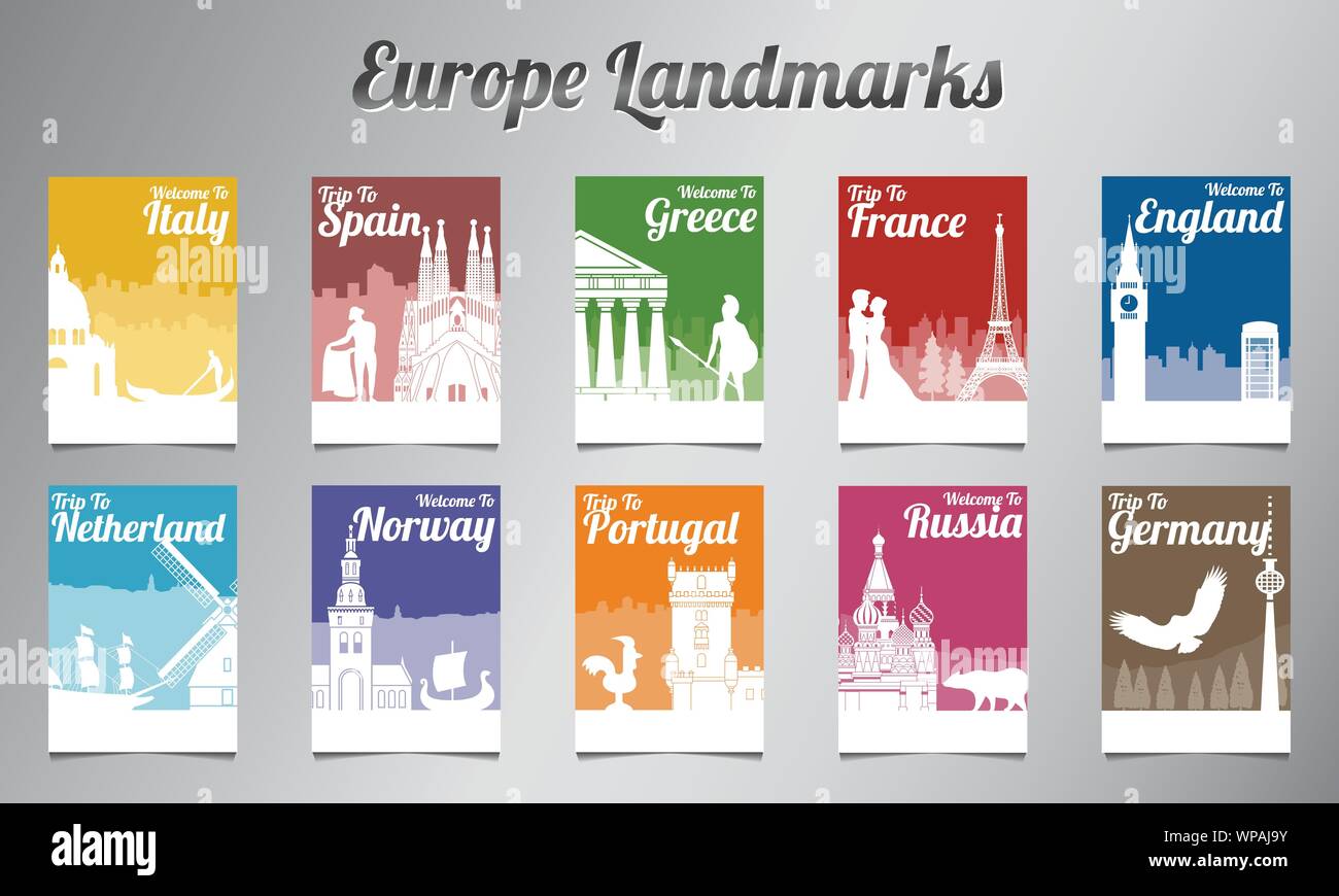 Europe famous landmark and symbol in silhouette style with multi color ...