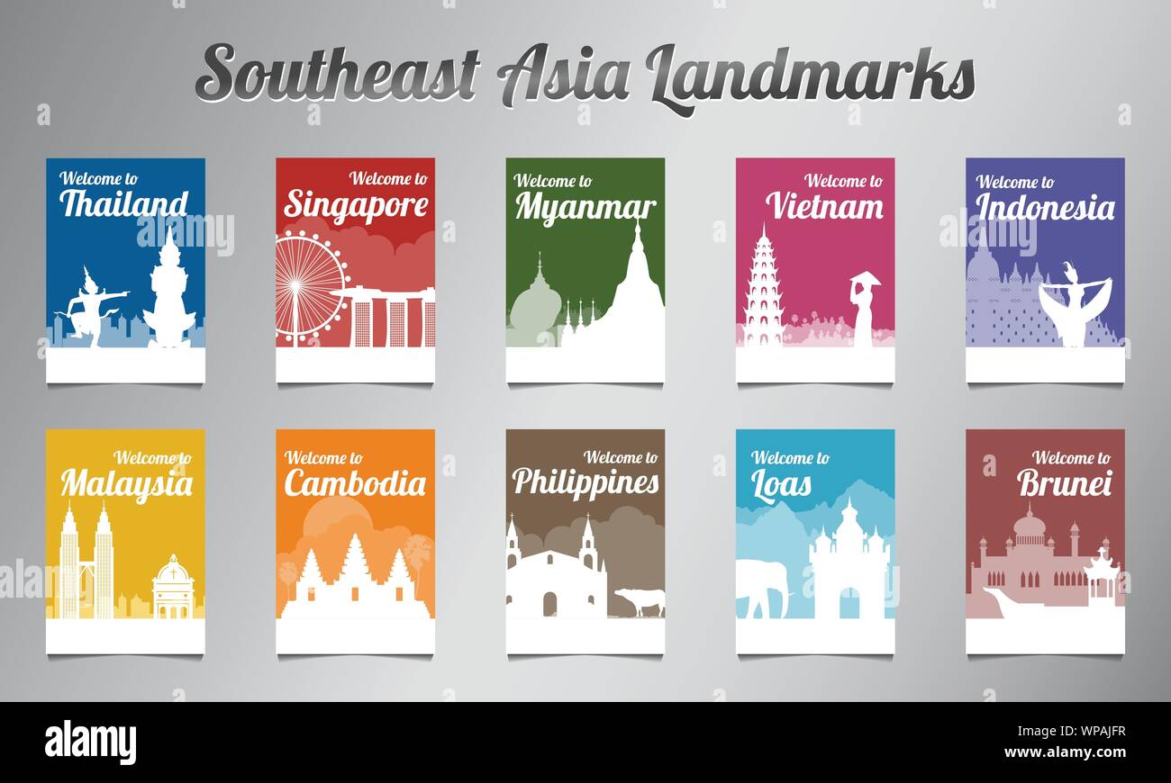 ASEAN famous landmark in silhouette design with multi color style ...