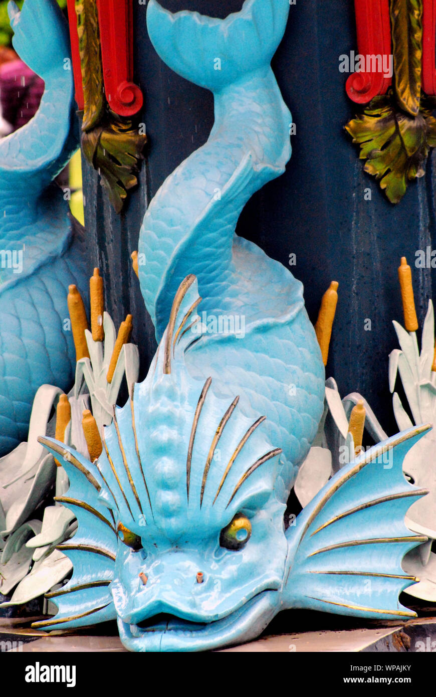 Close up detail of the beautifully colorful, historic Peacock Fountain ...