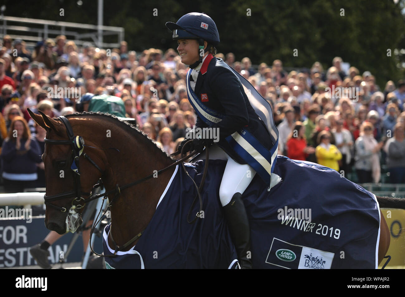 Pippa Funnell reacts following her victory at the Land Rover Burghley ...