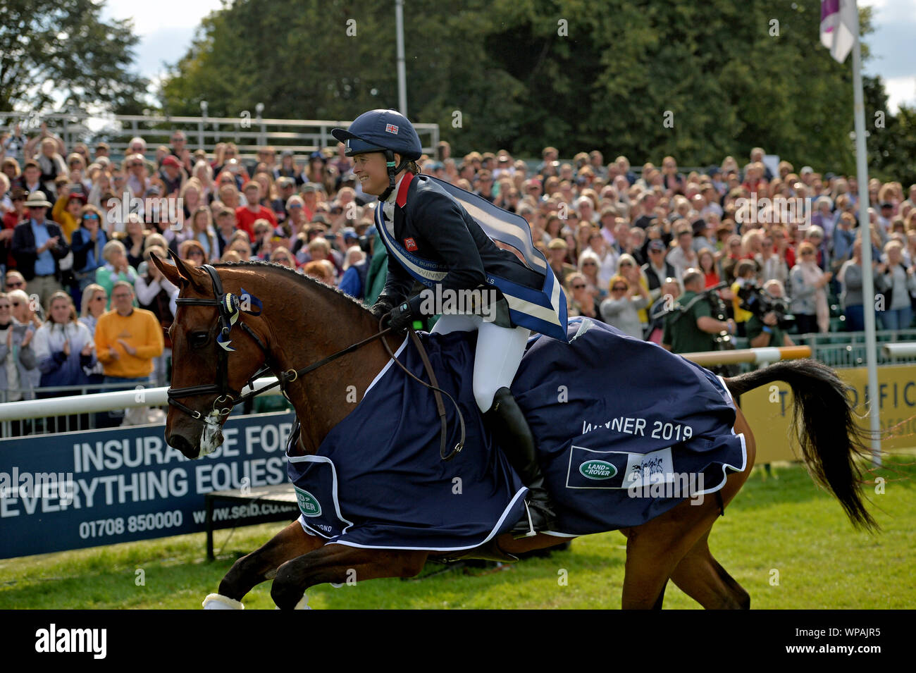 Pippa Funnell reacts following her victory at the Land Rover Burghley ...