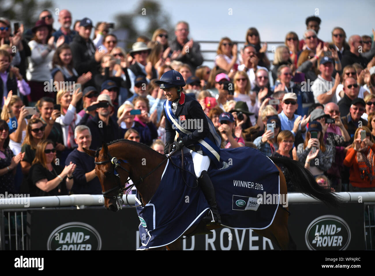 Pippa Funnell reacts following her victory at the Land Rover Burghley ...
