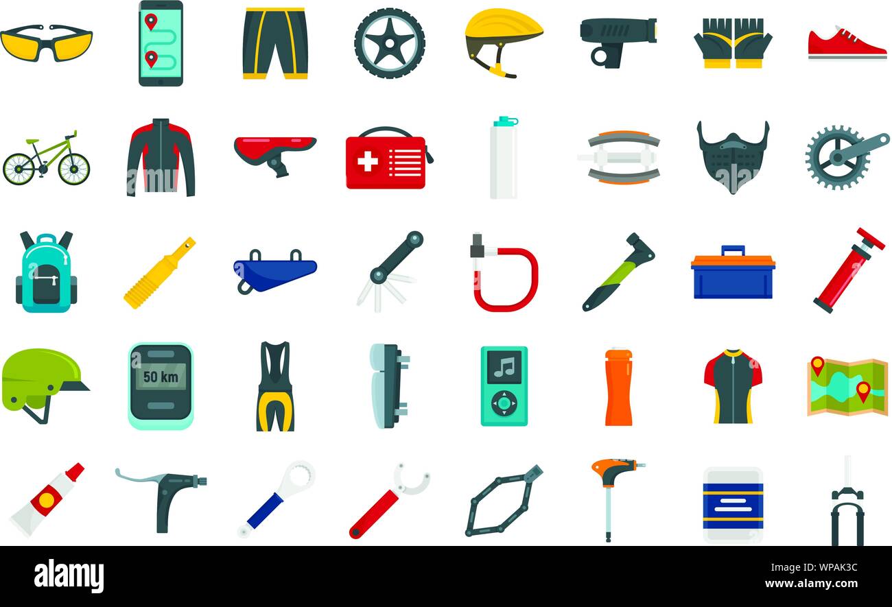 Mountain bike icons set. Flat set of mountain bike vector icons for web ...