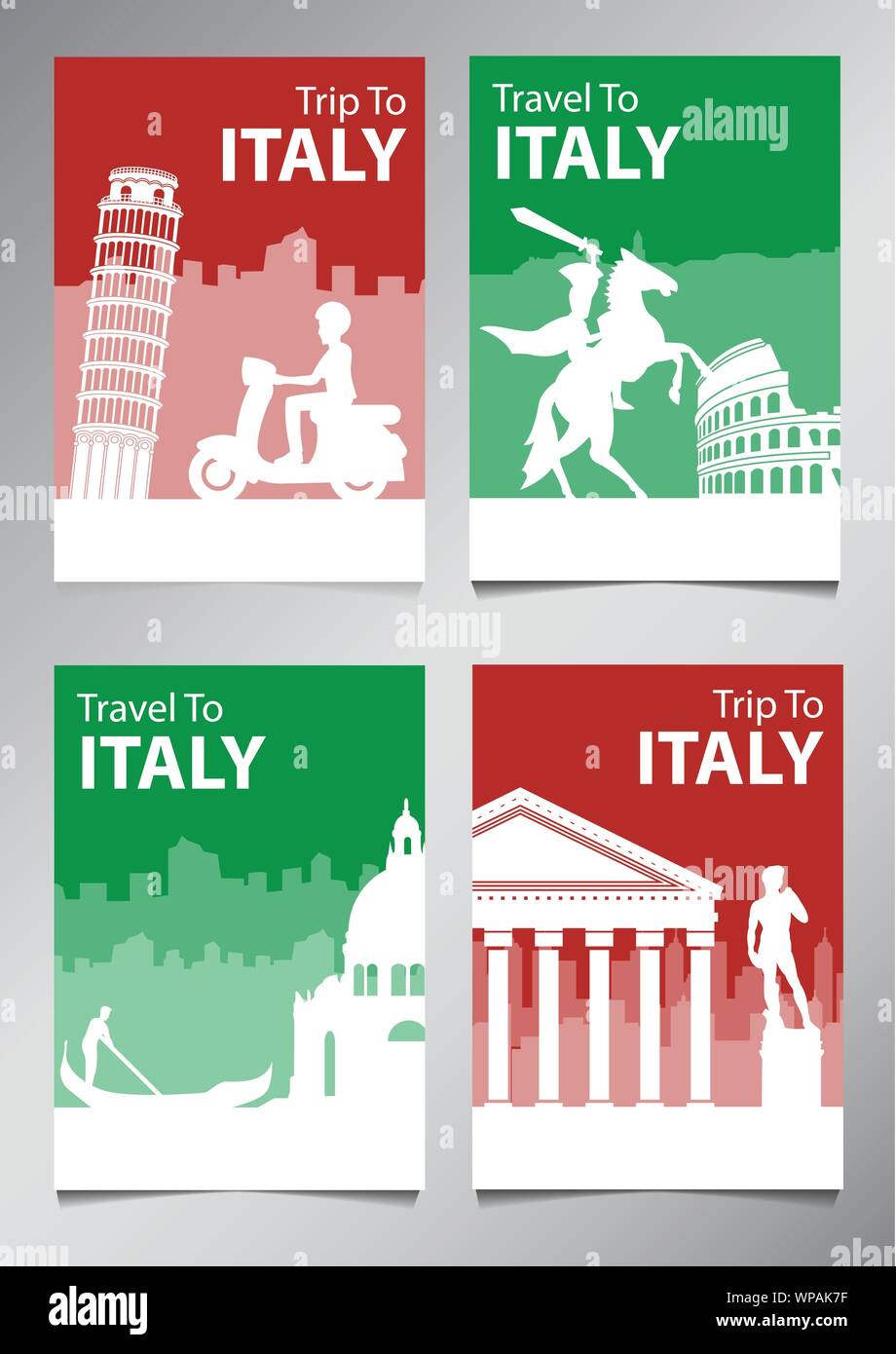 Italy famous landmark and symbol in silhouette style with national flag ...