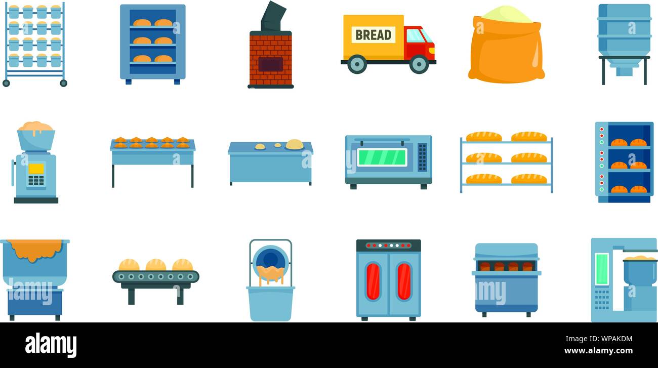 Bakery factory icons set. Flat set of bakery factory vector icons for ...