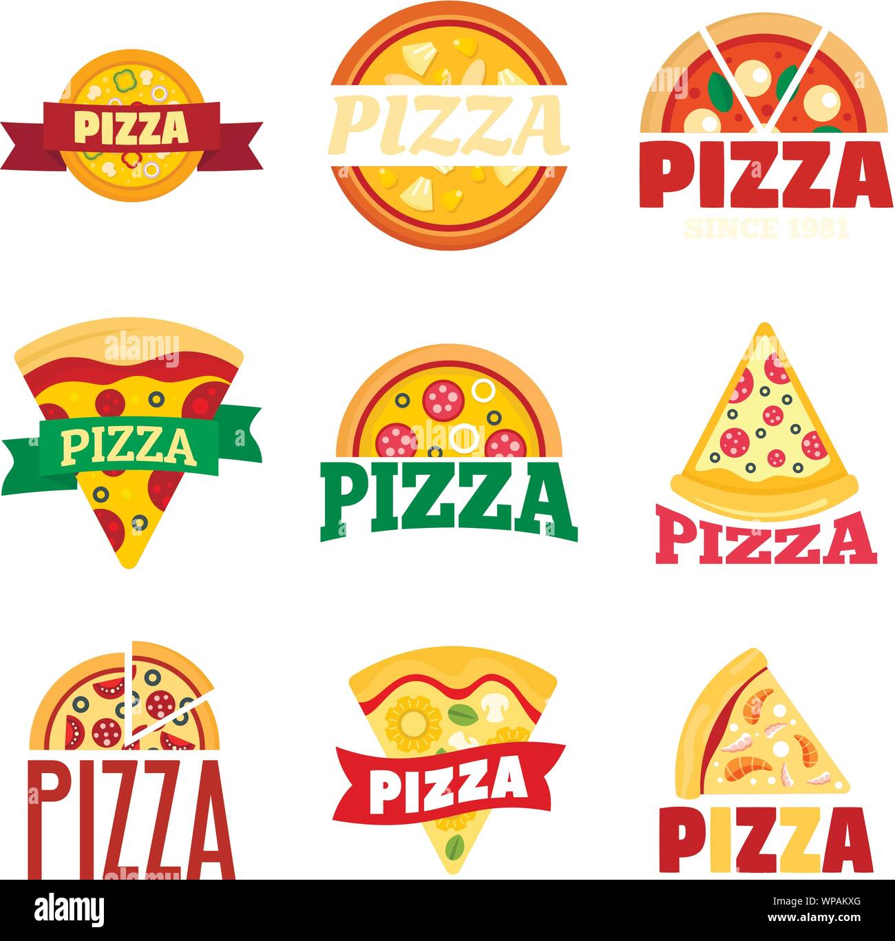 Pizza logo set. Flat set of pizza vector logo for web design Stock ...