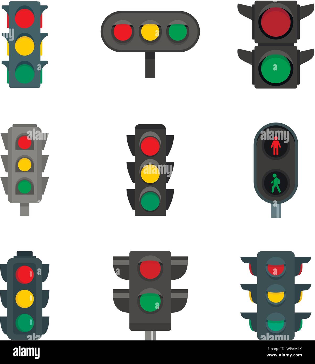 Traffic lights icon set. Flat set of traffic lights vector icons for ...