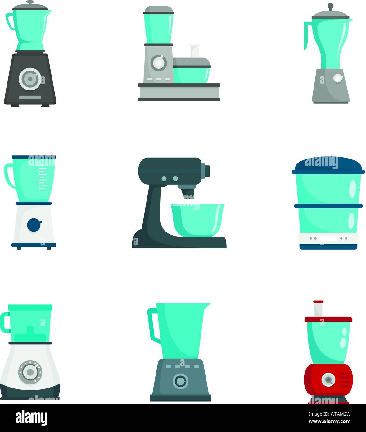 Food processor icon set. Flat set of food processor vector icons for ...