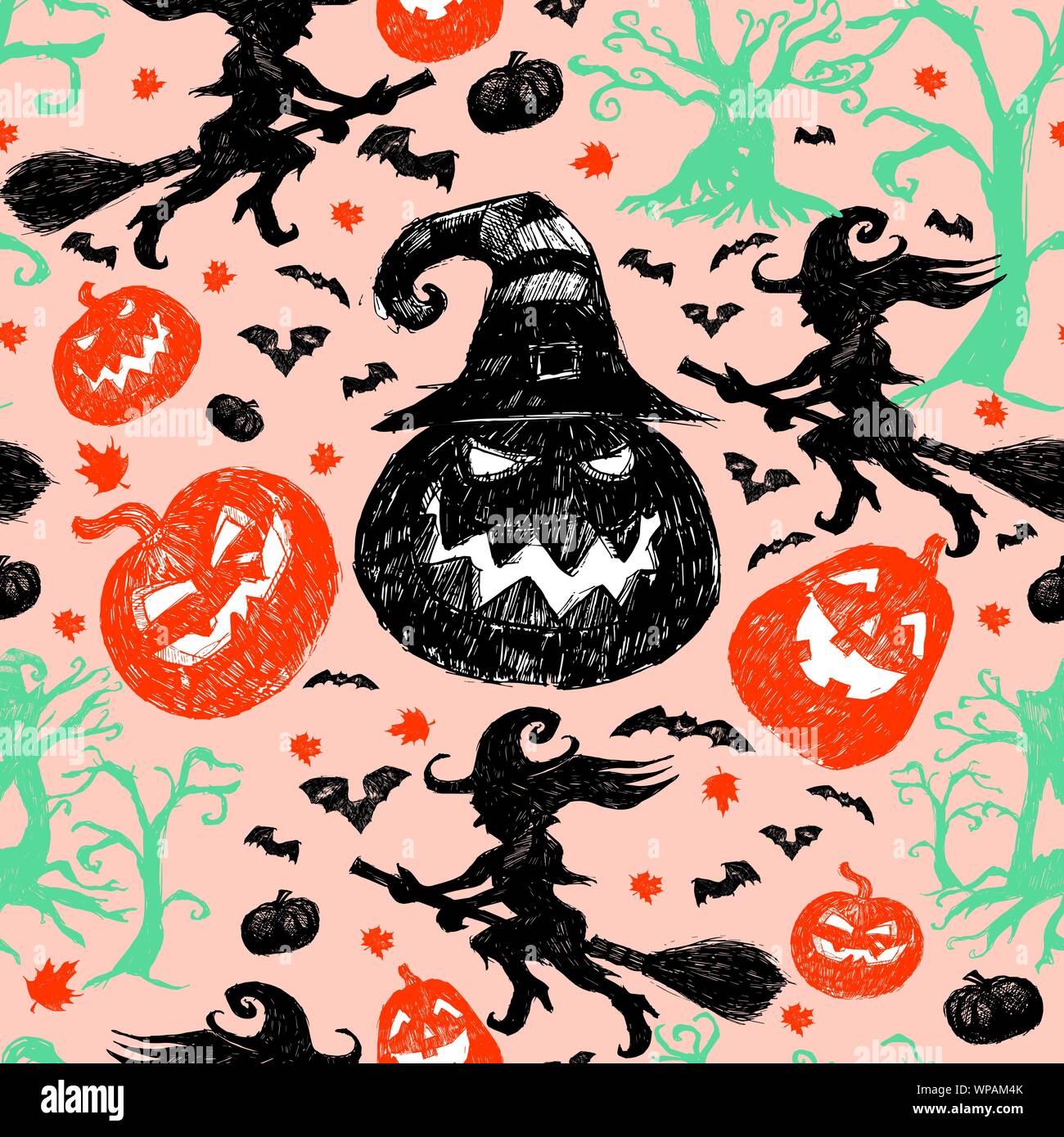 Vector light orange hand drawn halloween repeat pattern. Suitable for ...