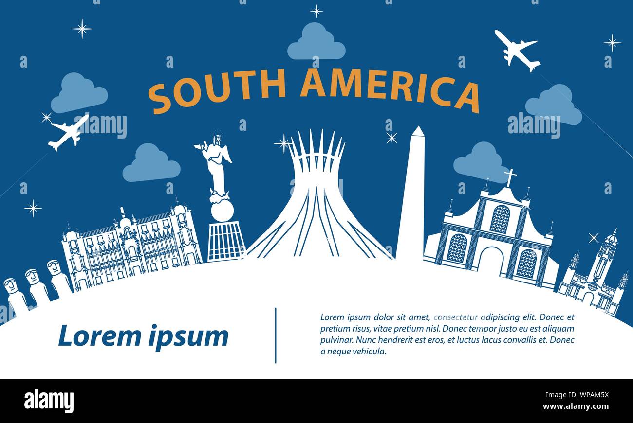 South america top famous landmark silhouette style on white curve,trip ...
