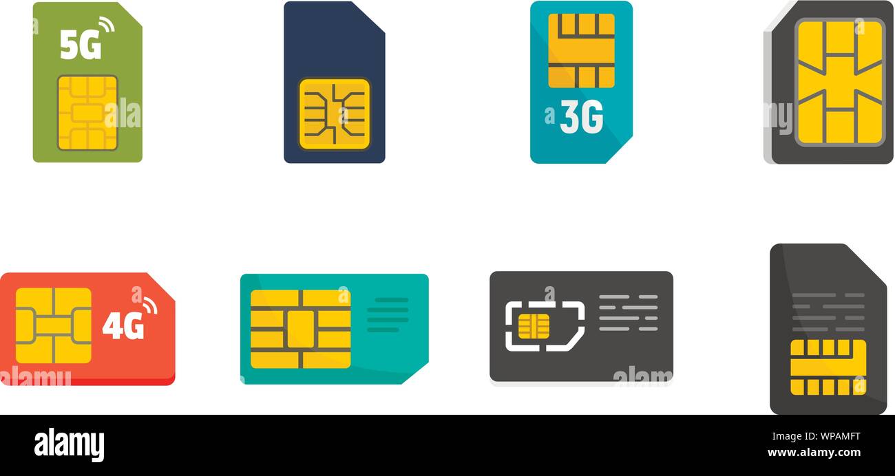Sim phone card icons set. Flat set of sim phone card vector icons for ...