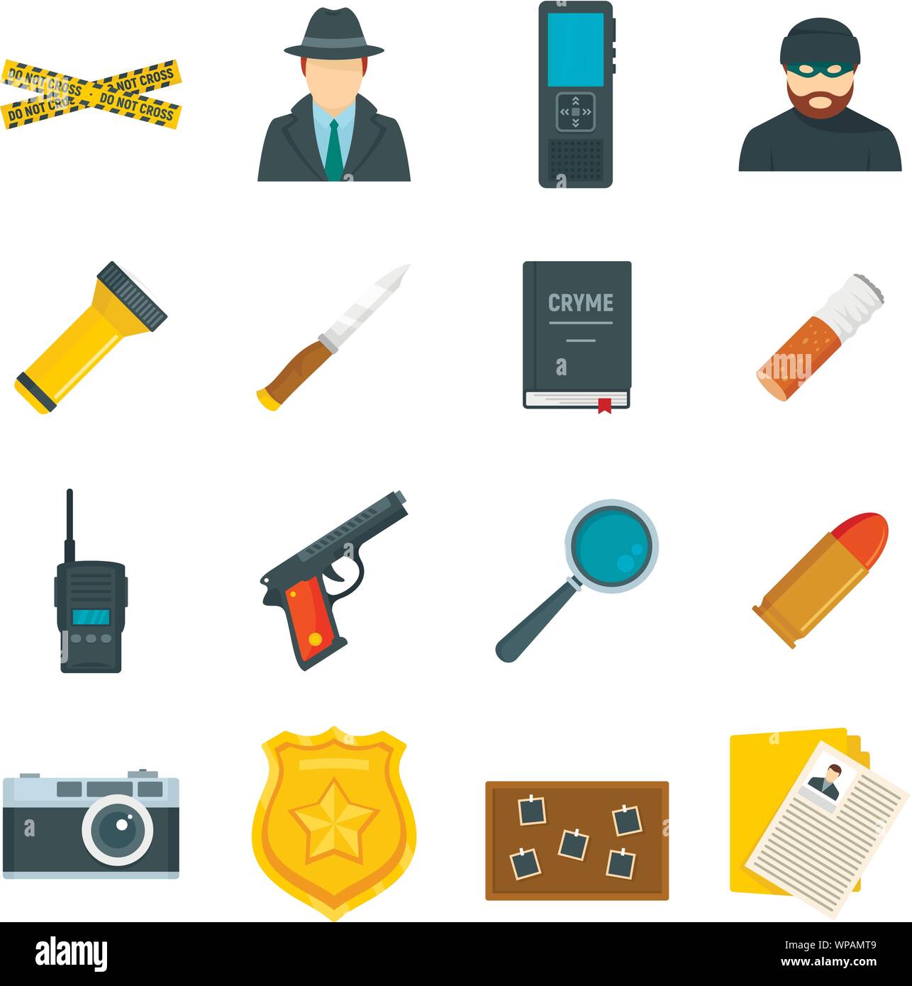 Crime investigation icons set. Flat set of crime investigation vector icons for web design Stock ...